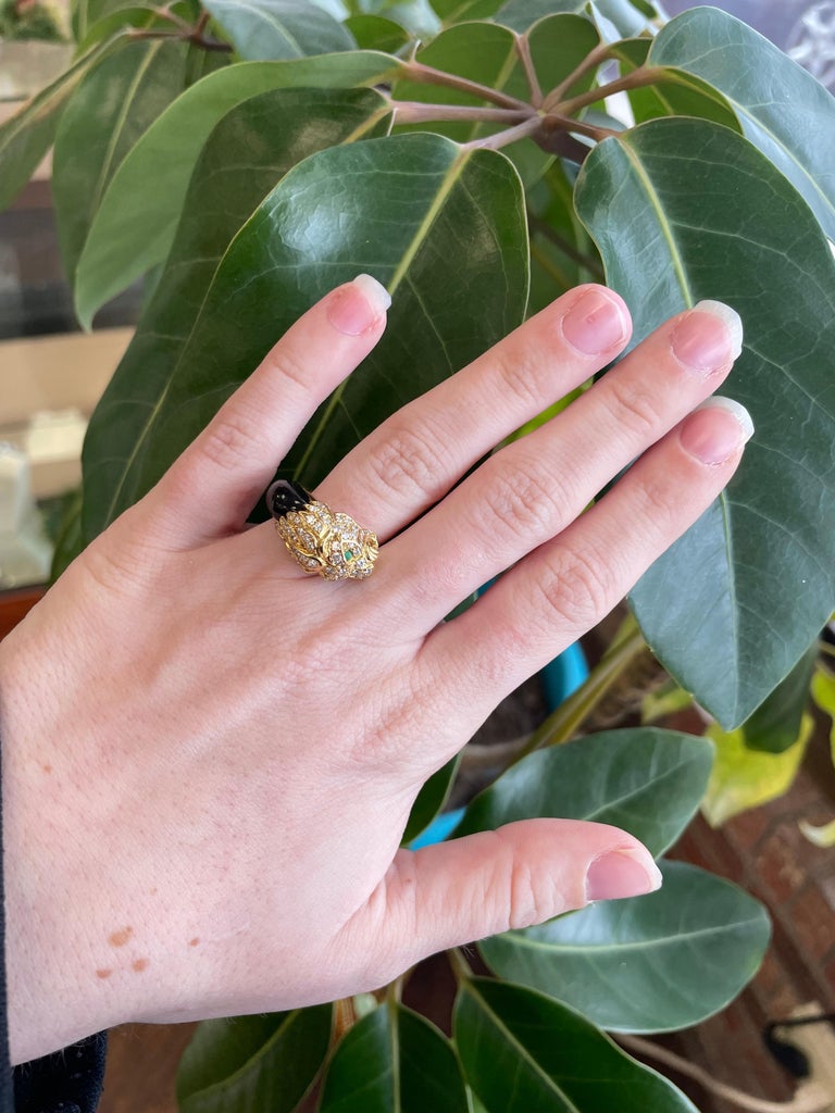 1950s, French 18K Yellow Gold Diamond and Black Jade Panther Ring For ...