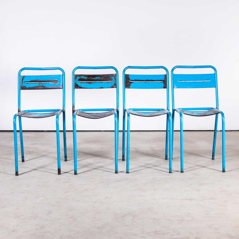 1950's French Blue Metal Stacking Outdoor Chairs, Set of Four For Sale ...