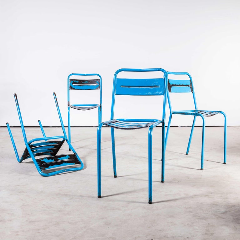 1950's French Blue Metal Stacking Outdoor Chairs, Set of Four For Sale ...