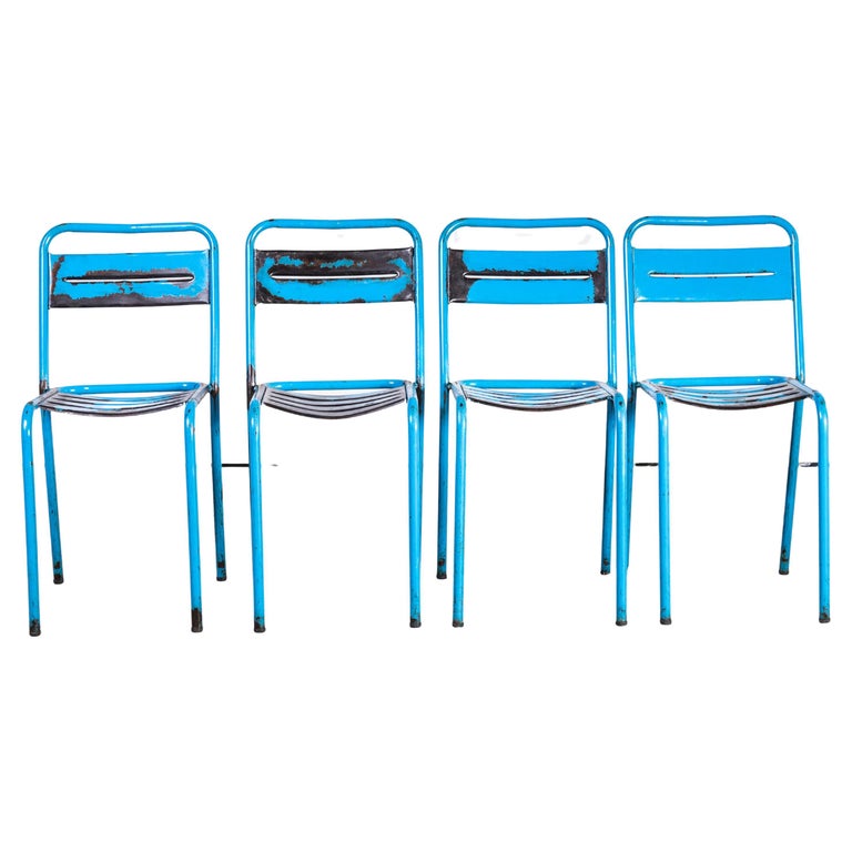 1950's French Blue Metal Stacking Outdoor Chairs, Set of Four For Sale ...