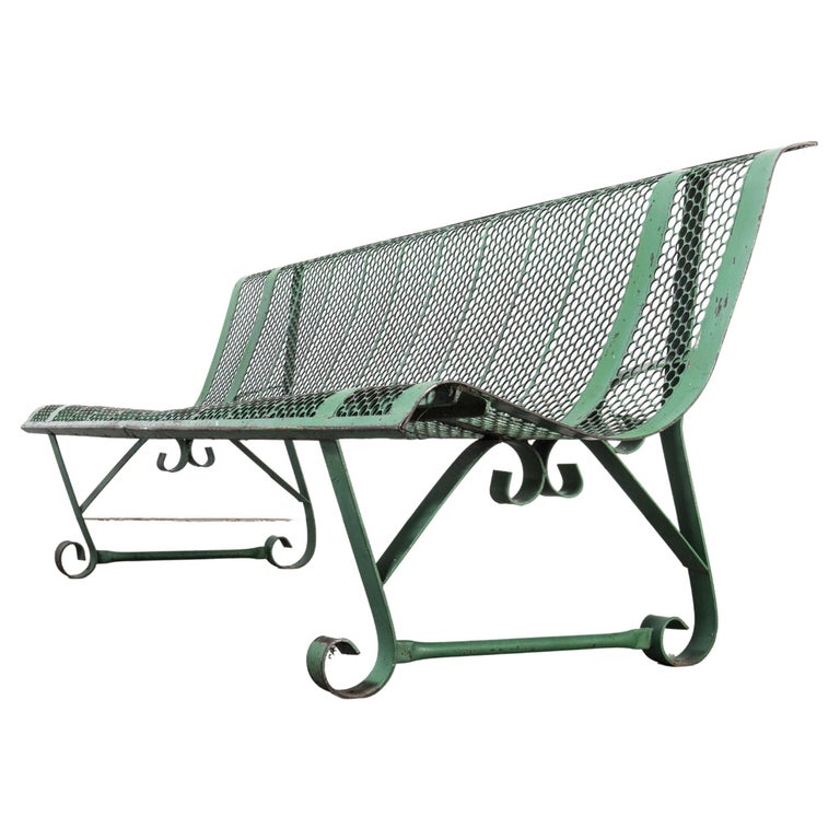 1950's French Green Perforated Steel Outdoor Bench, Scroll Feet For ...