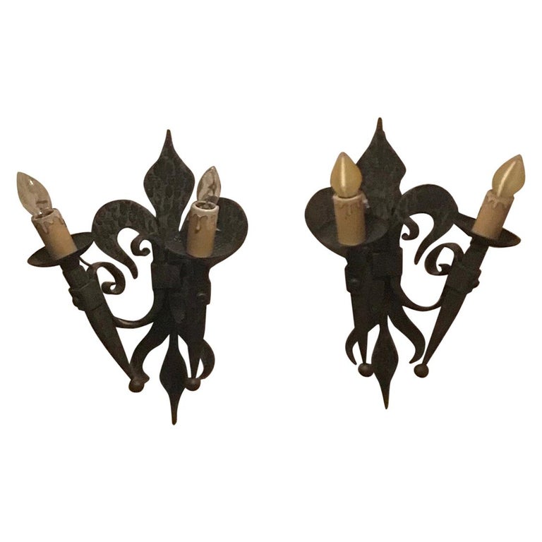1950s French Hammered Fleur-De-Lys Iron 2-Arm Sconces, a Pair For Sale ...