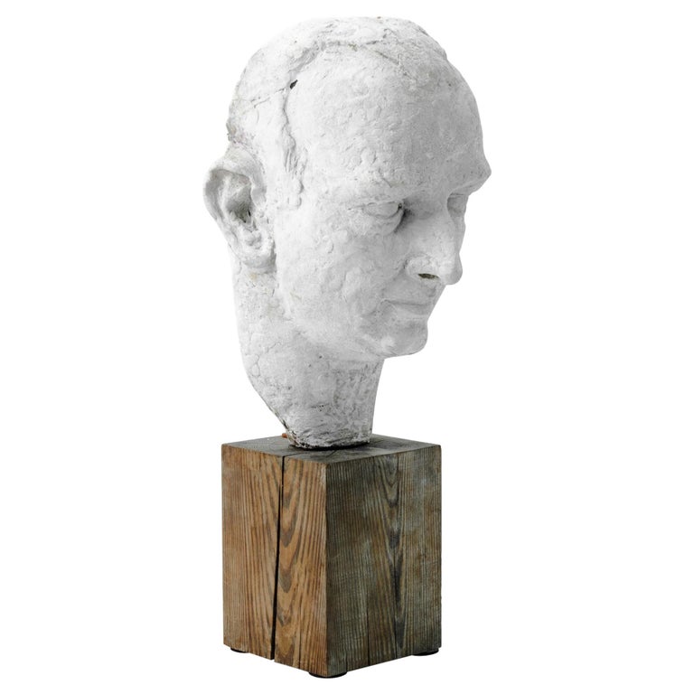 1950s French Plaster Head Sculpture on Wooden Stand at 1stDibs