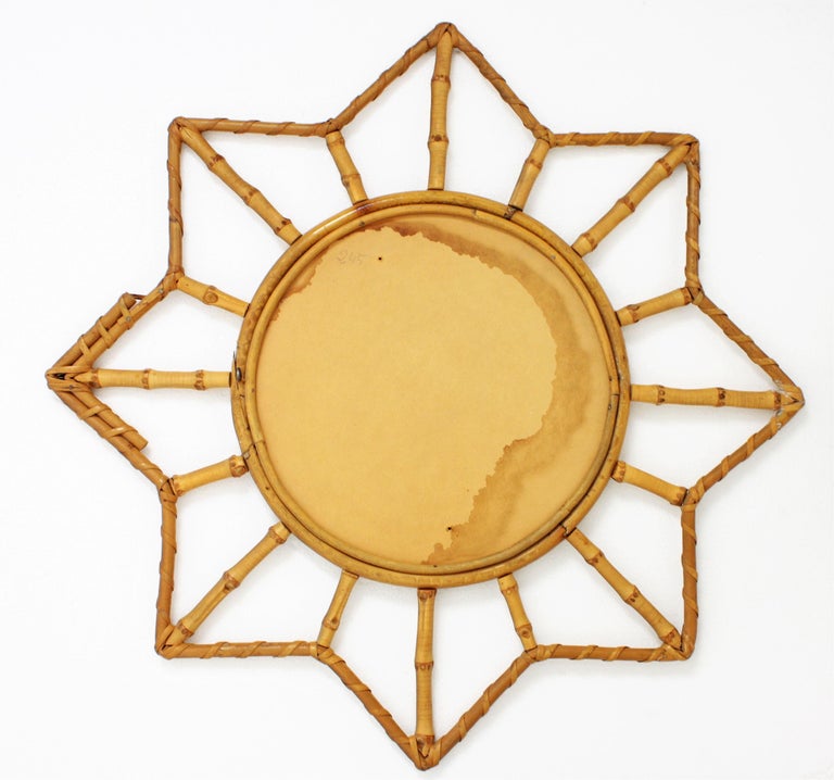 1950s French Riviera Bamboo and Rattan Sunburst Starburst Mirror at 1stDibs
