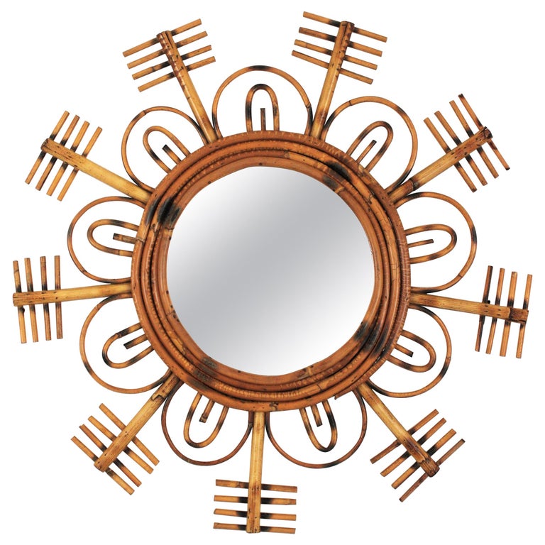 1950s French Riviera Rattan Flower Burst Sunburst Mirror at 1stDibs