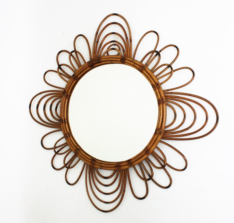 1950s French Riviera Rattan Sunburst Flower Mirror For Sale at 1stDibs