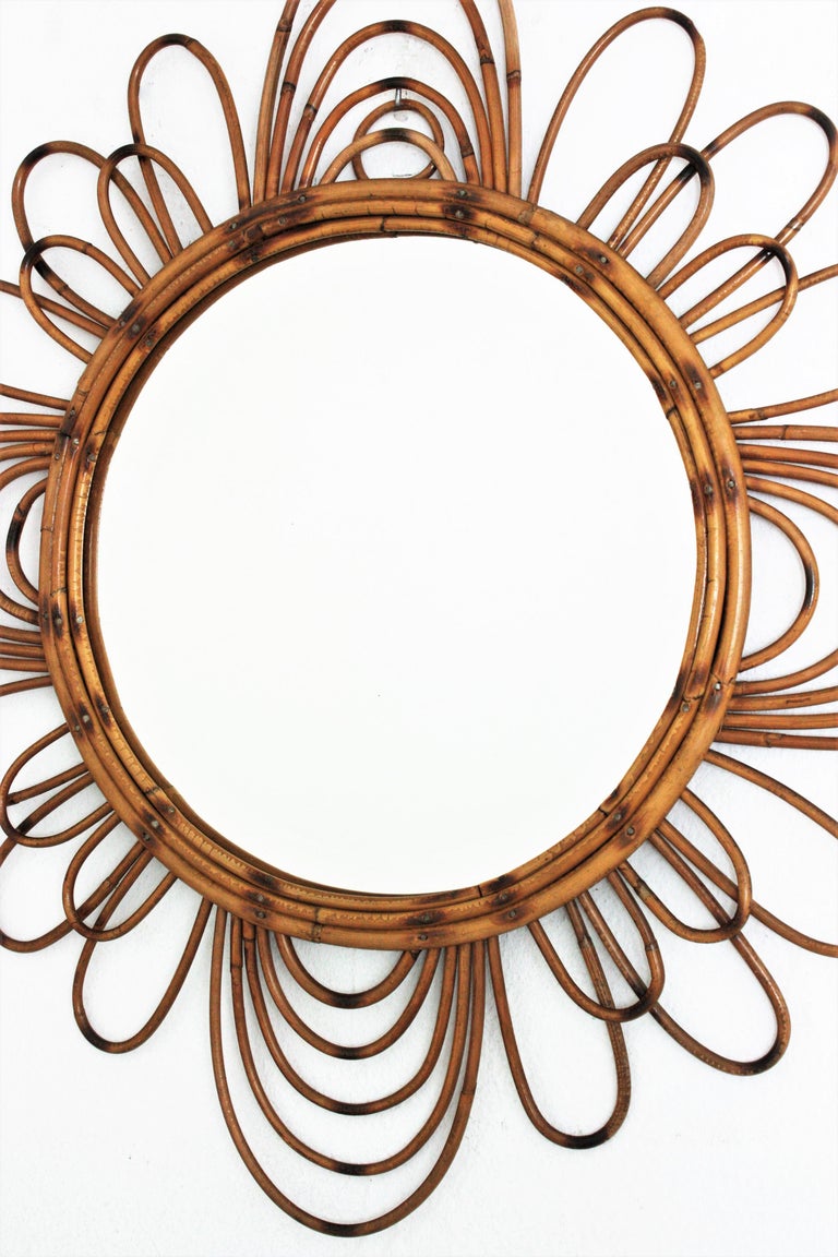 1950s French Riviera Rattan Sunburst Flower Mirror For Sale at 1stDibs