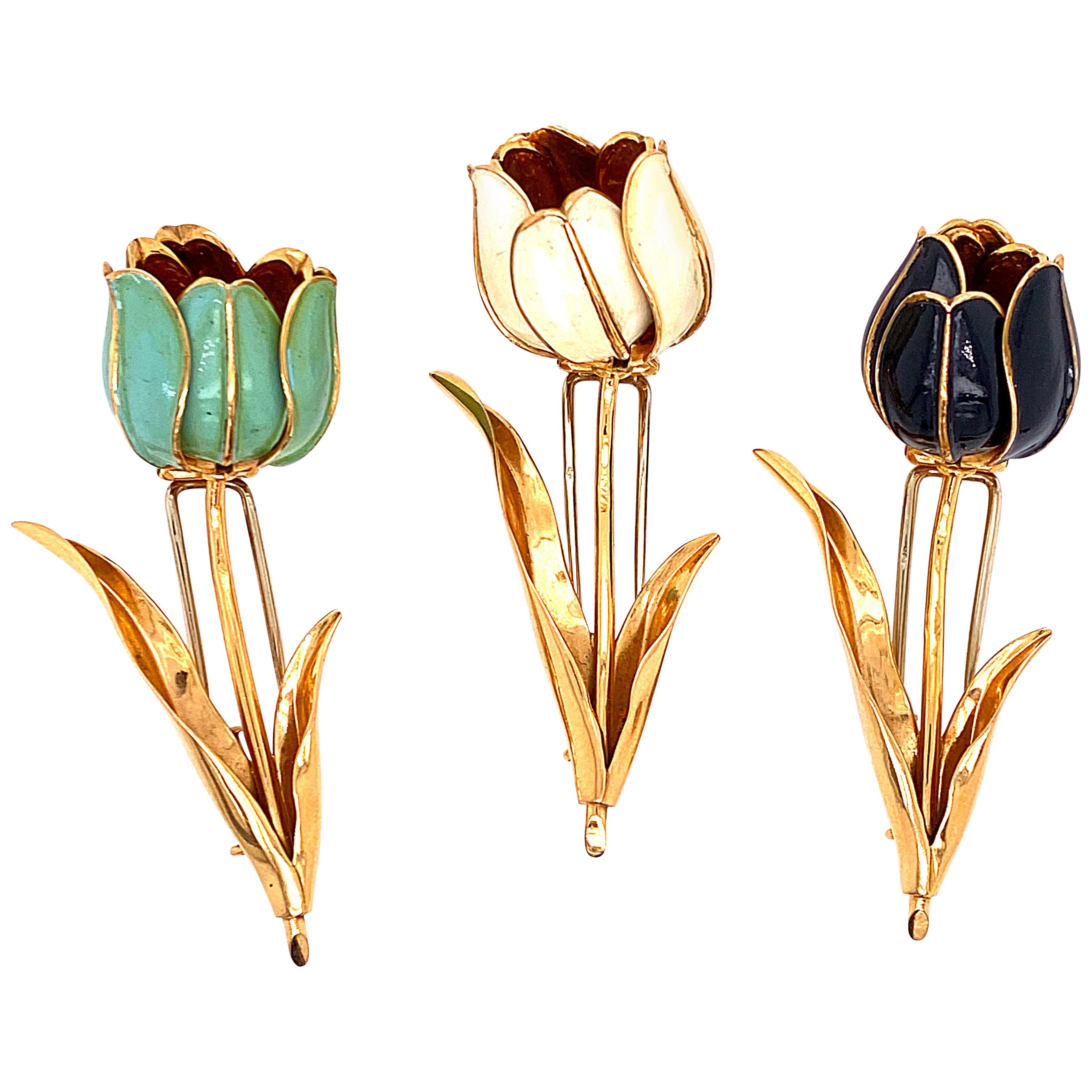 1950s French Ruby Enamel Flower Pins Brooches Set of 3 at 1stDibs