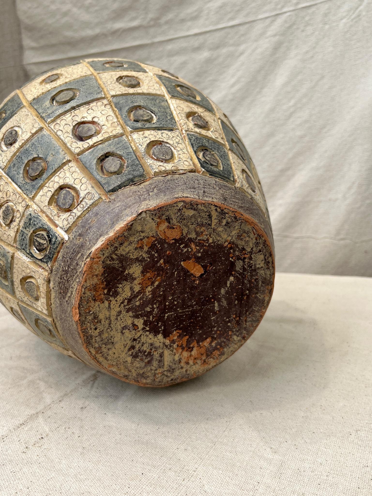 1950s Geometric Patterned Terracotta Vase For Sale at 1stDibs