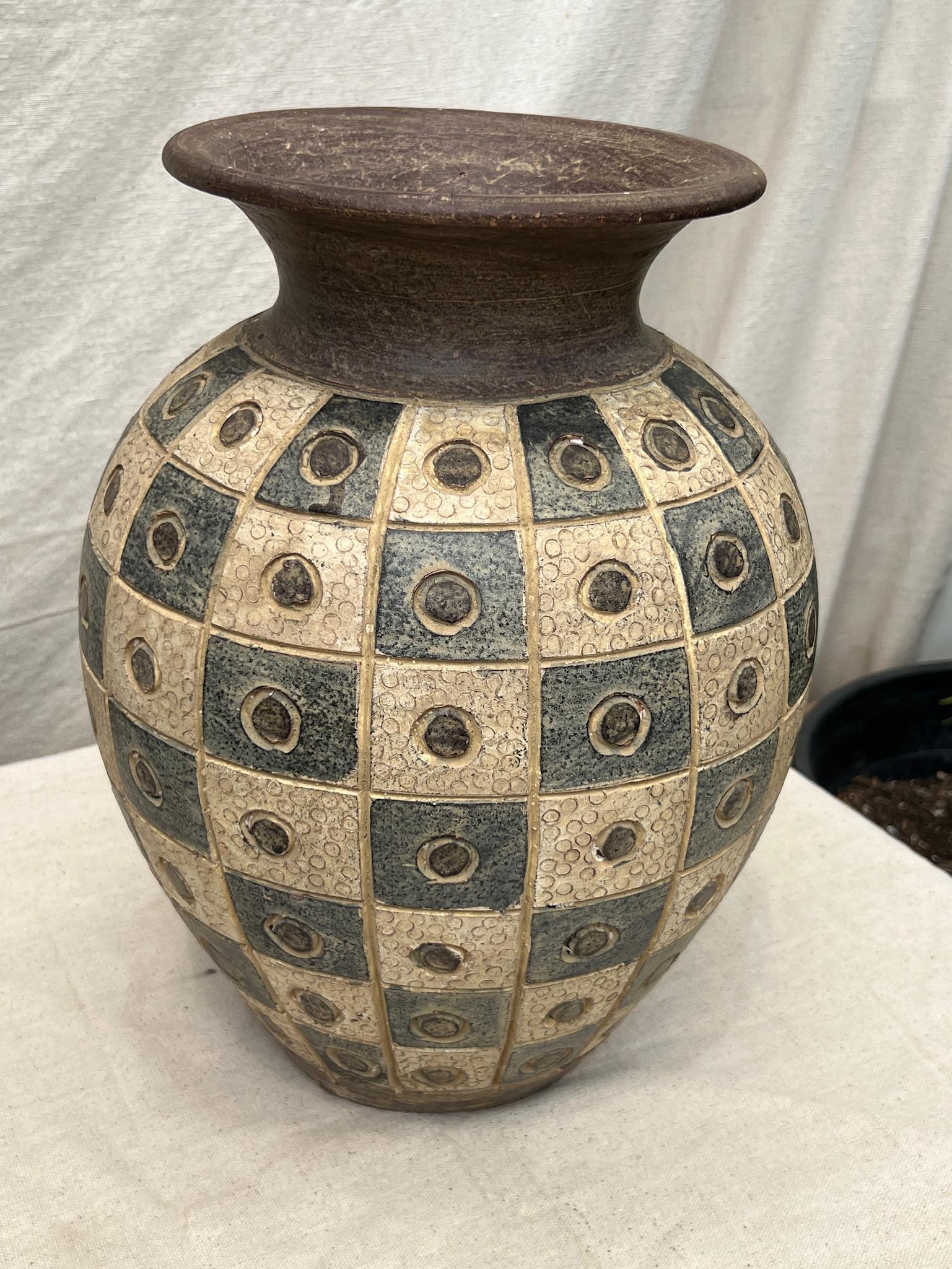 1950s Geometric Patterned Terracotta Vase For Sale at 1stDibs