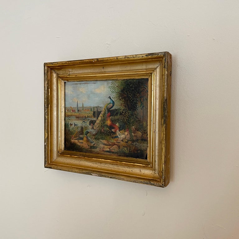 1950s German Oil Painting on Wood in an Old Gilded Frame by Josef Hofbauer For Sale at 1stDibs