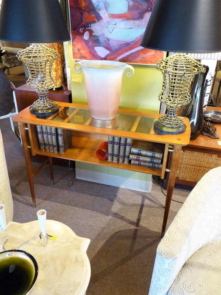 1950s Gio Ponti Style Petite Console Table with Shelf in Blond Mahogany ...