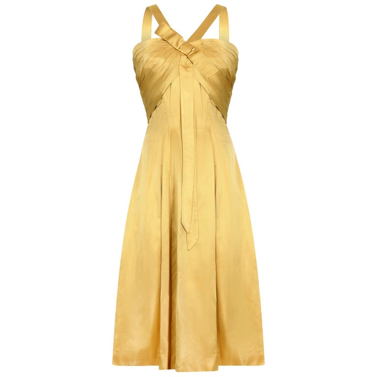 1950s Gold Pleated Bodice Silk Satin Cocktail Dress For Sale at 1stDibs