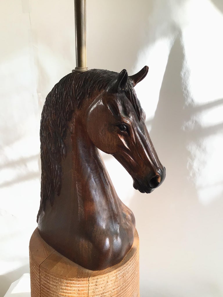 1950s Hand Carved Horse Head Lamp on a Wooden Base For Sale at 1stDibs