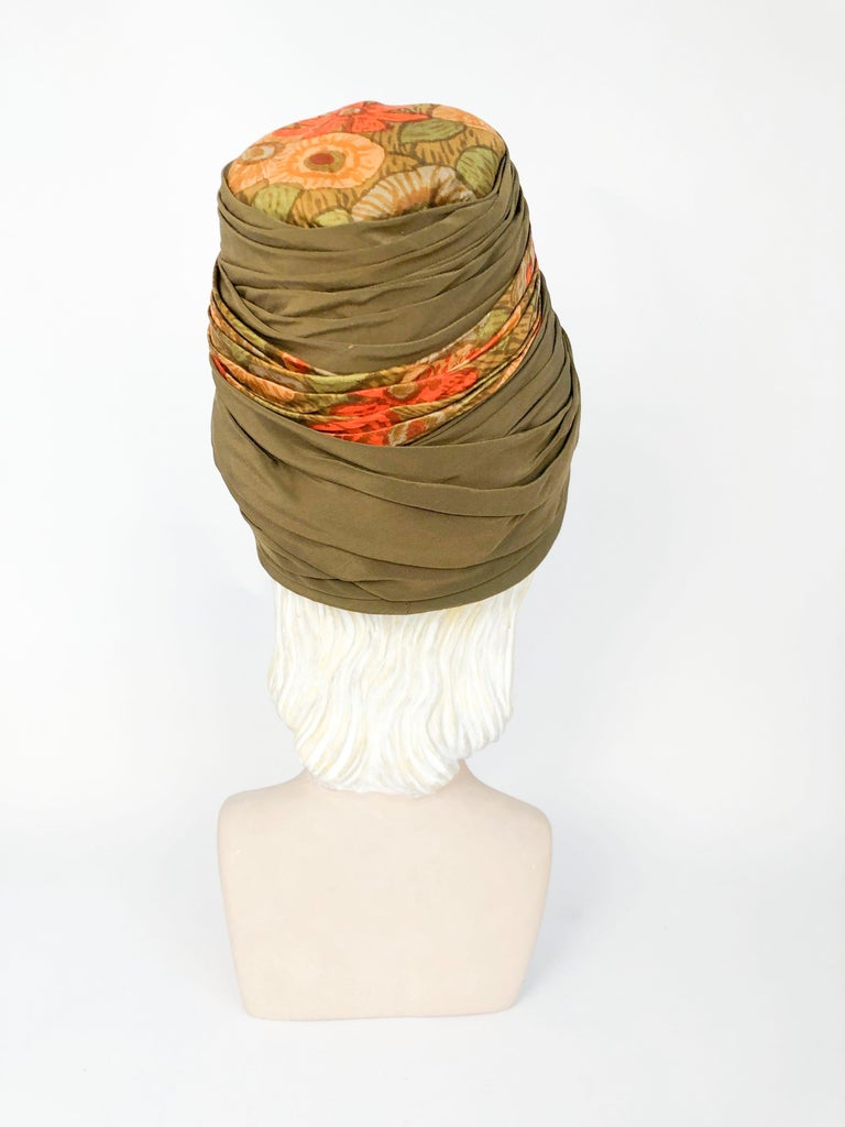 1950s High-Fashion Structured Turban in Olive and Tropical Print For ...