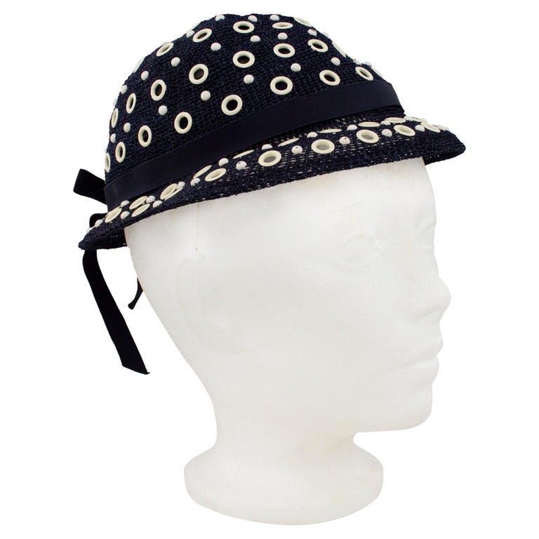 1950s Holt Renfrew Navy Blue Hat with White Grommets For Sale at 1stDibs