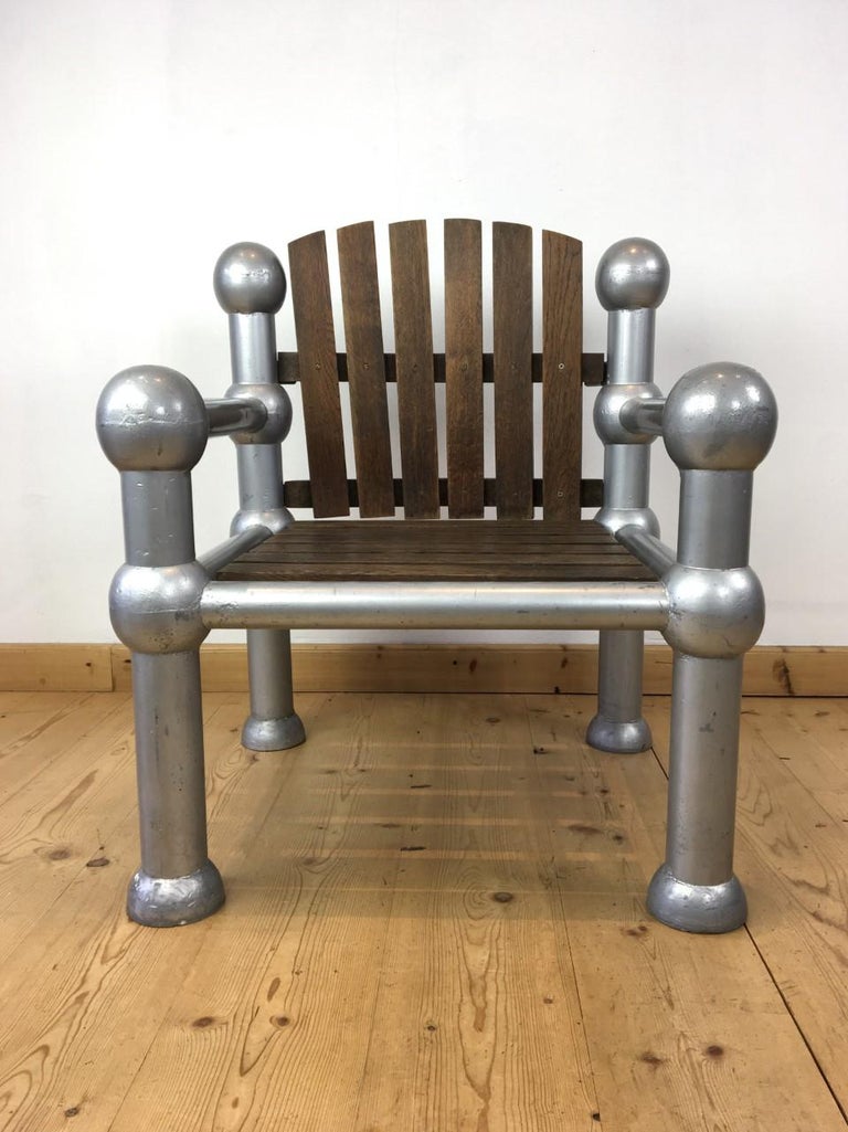 1950s Industrial Iron Atomic Chair with Tropical Hardwood Seating and ...