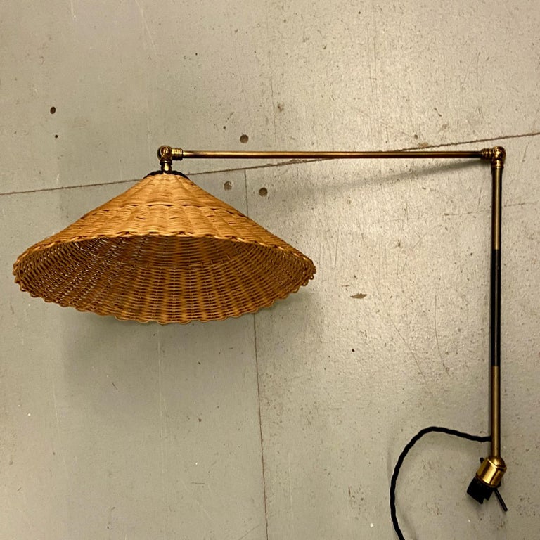 1950's Italian Clip on Brass, Black Metal and Rattan Library Light or ...