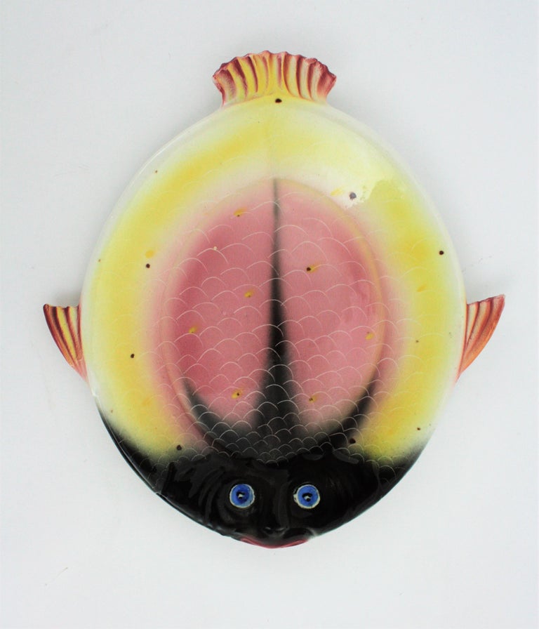1950s Italian Colorful Pink and Yellow Glazed Ceramic Sole Fish Plate ...