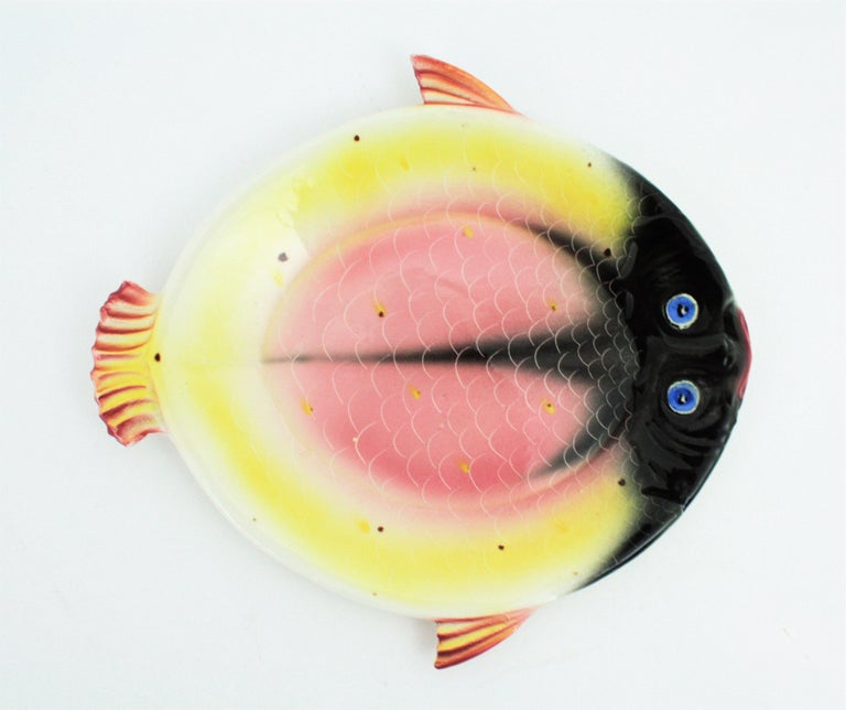 1950s Italian Colorful Pink and Yellow Glazed Ceramic Sole Fish Plate ...