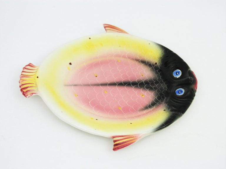 1950s Italian Colorful Pink and Yellow Glazed Ceramic Sole Fish Plate ...