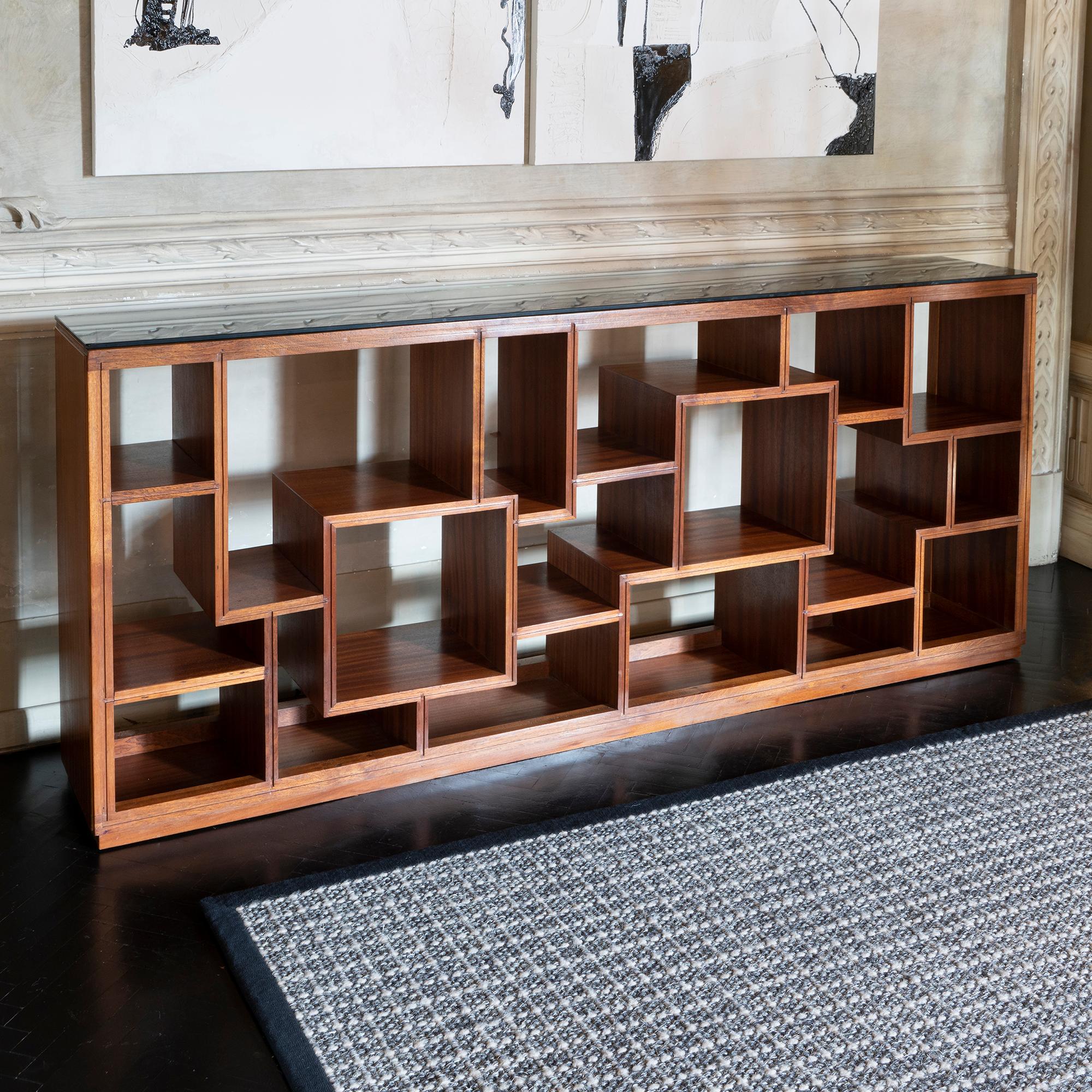 1950's Italian Library in Walnut and Smoky Grey Glass Top at 1stDibs