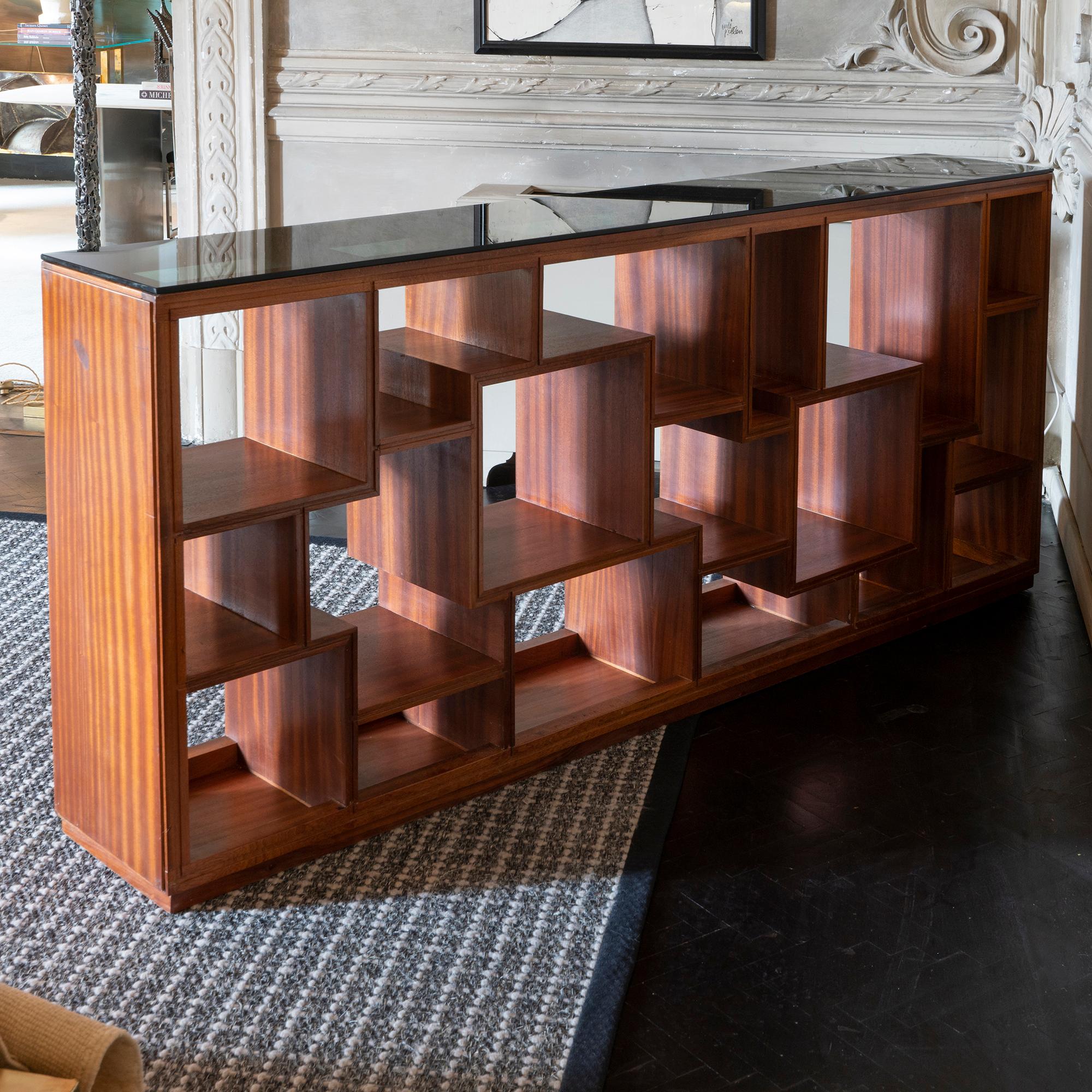 1950's Italian Library in Walnut and Smoky Grey Glass Top at 1stDibs
