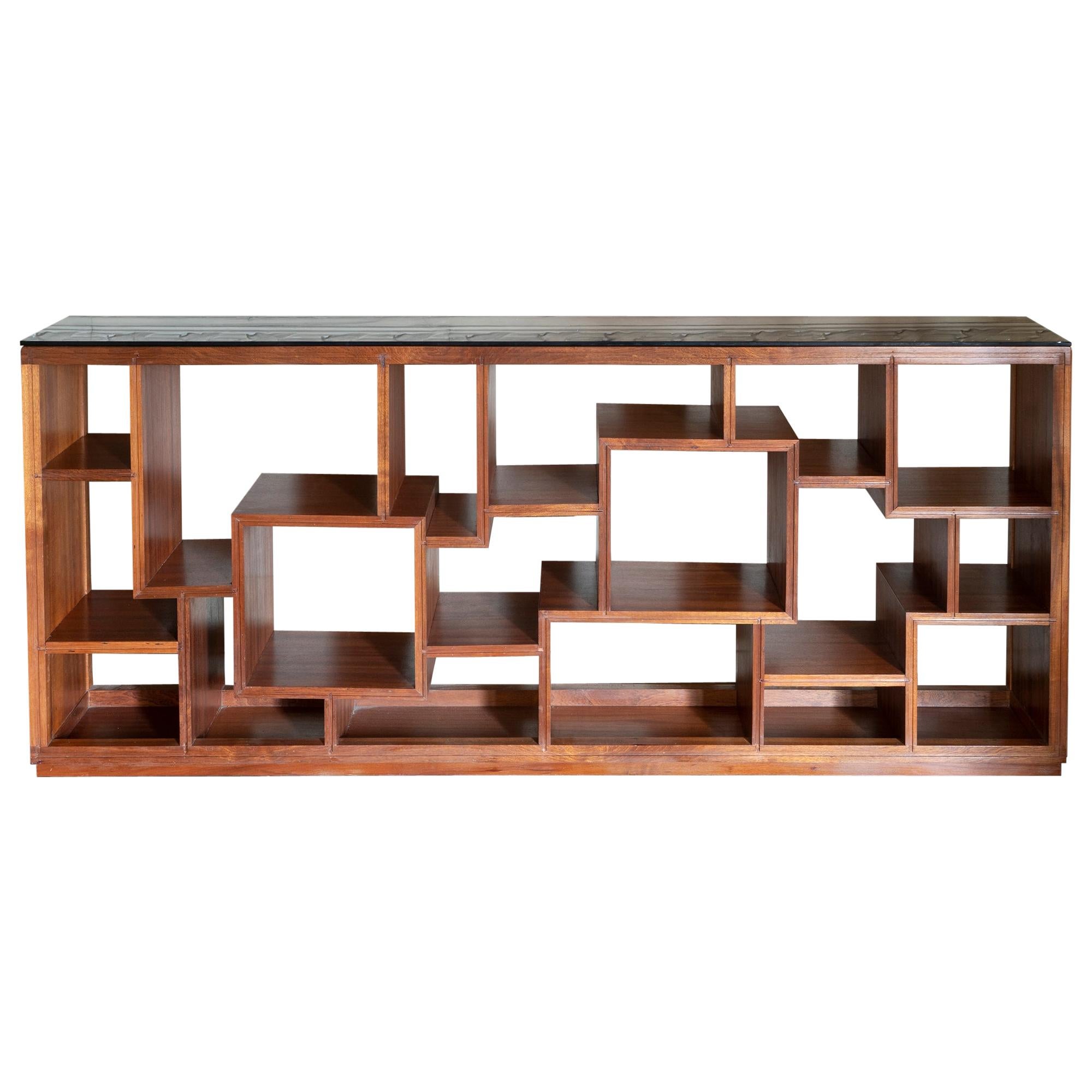 1950's Italian Library in Walnut and Smoky Grey Glass Top at 1stDibs