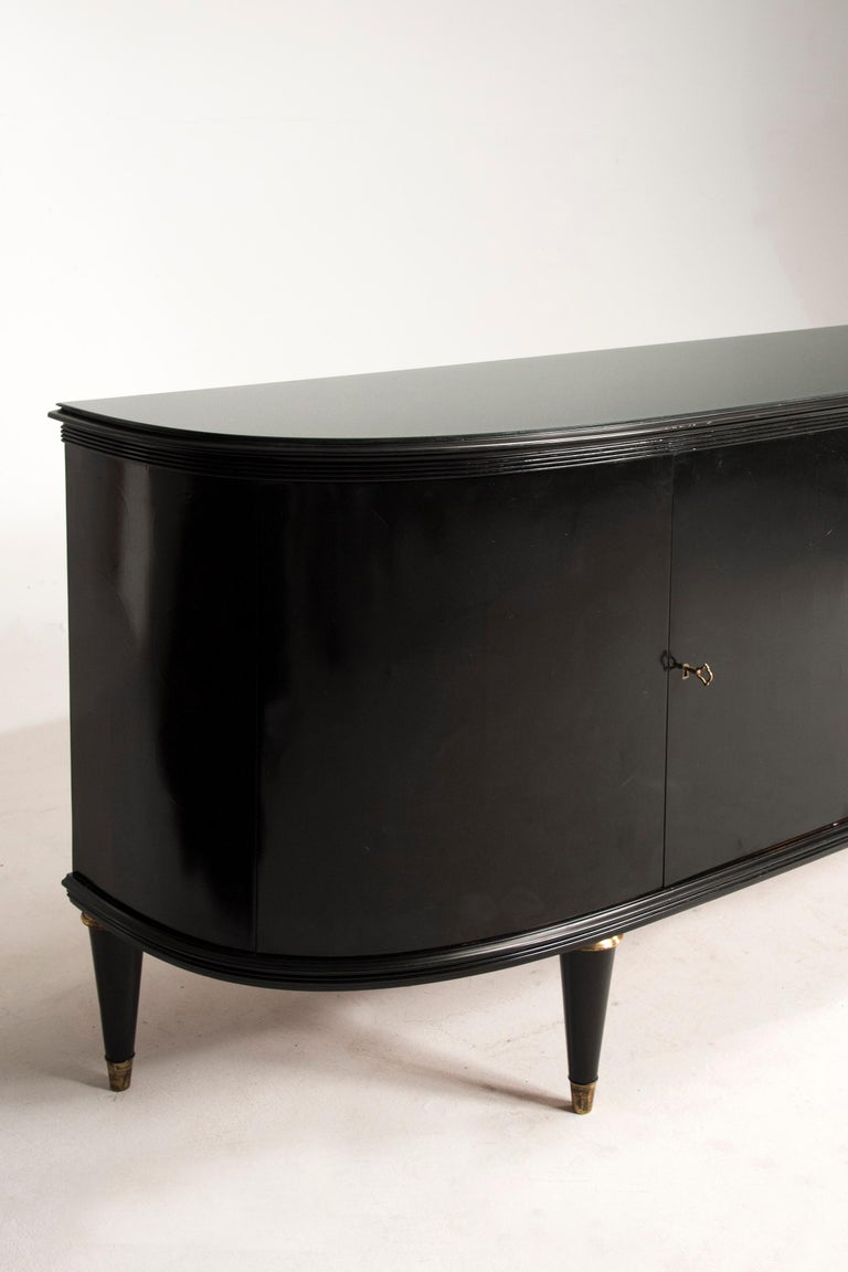 1950s Italian Long Rounded Edges Crystal Top Black Buffet with Brass ...