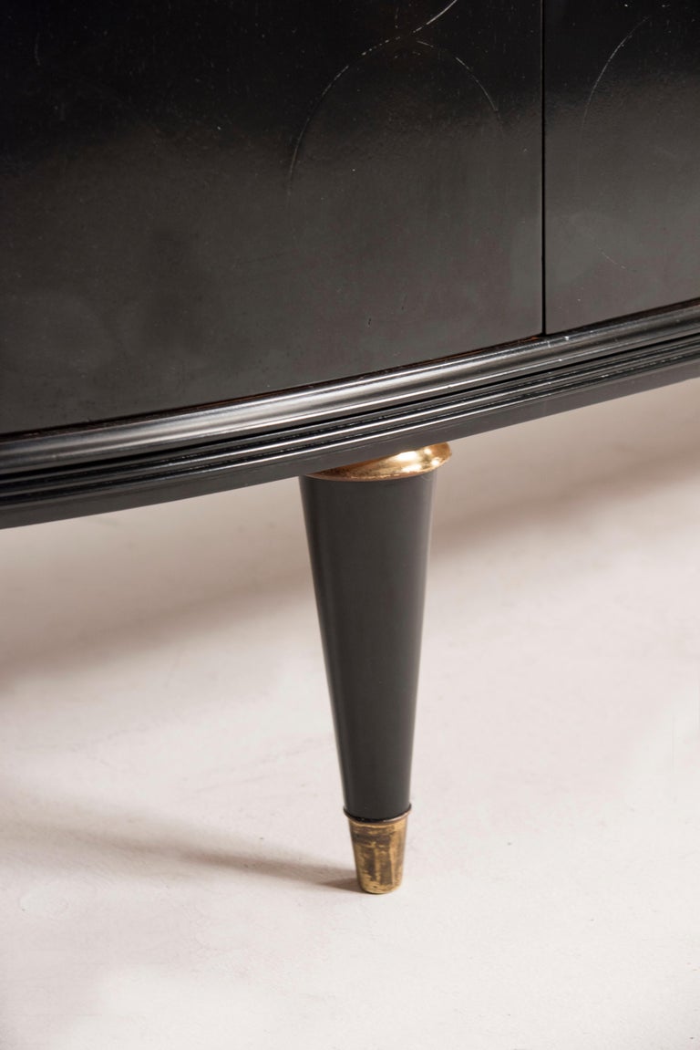 1950s Italian Long Rounded Edges Crystal Top Black Buffet with Brass ...