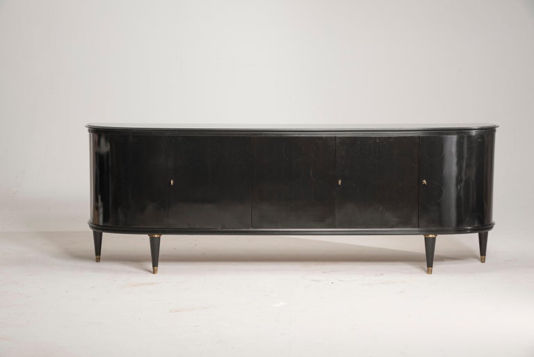 1950s Italian Long Rounded Edges Crystal Top Black Buffet with Brass ...