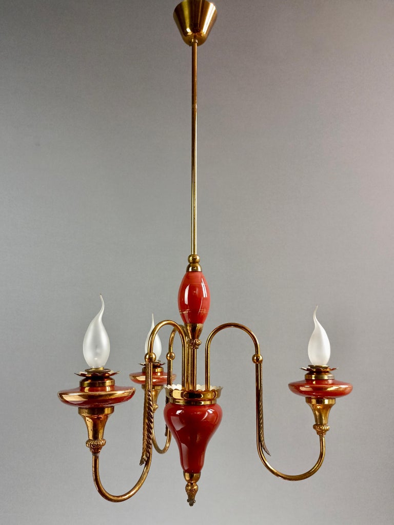 1950s Italian Murano Hand Blown Glass and Gilded Brass Three Light ...