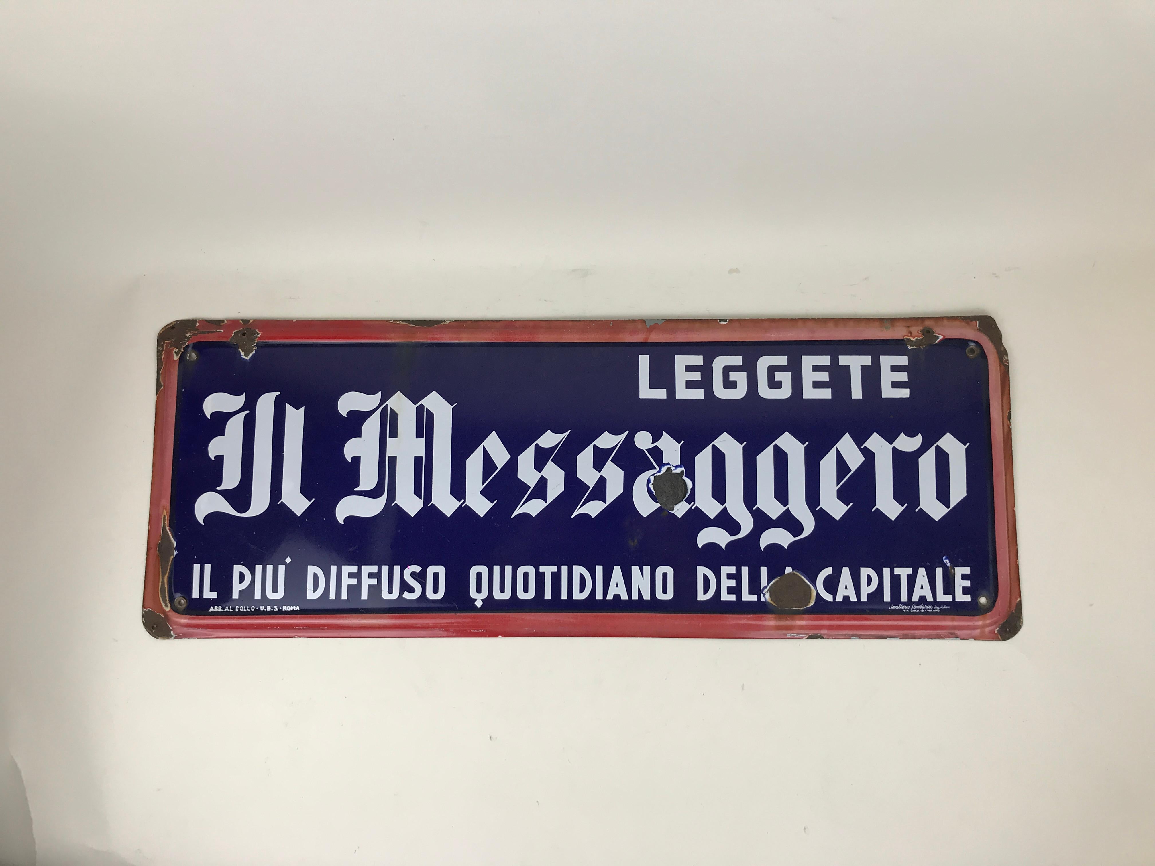 1950s, Italian Vintage Enamel Il Messaggero Rome's Newspaper Sign For ...