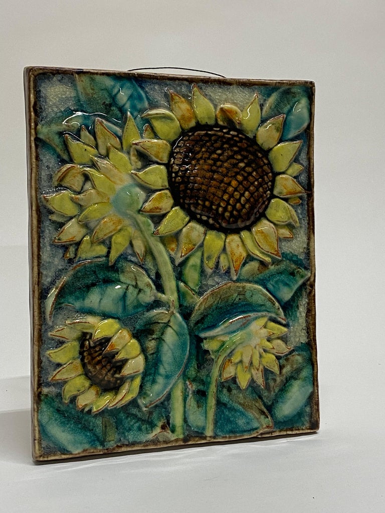 1950s Karlsruhe German Majolica Sunflower Terracotta Tile For Sale at ...