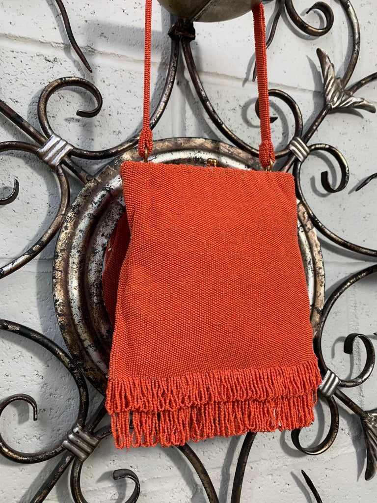1950s Koret Coral Seed Beaded Handbag w Seed Bead Loop Fringed Bottom ...