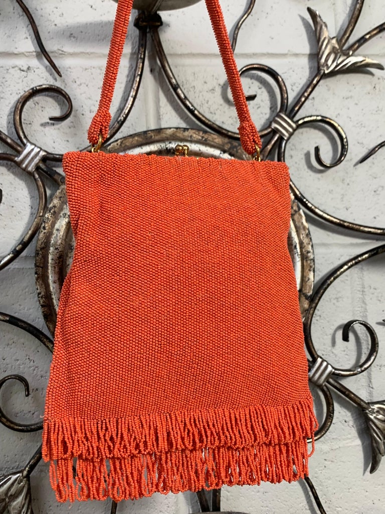1950s Koret Coral Seed Beaded Handbag w Seed Bead Loop Fringed Bottom ...