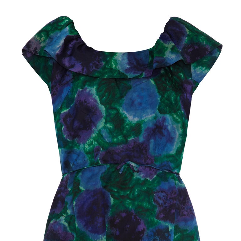 1950s Lane Bryant Blue And Green Floral Silk Dress For Sale At 1stdibs