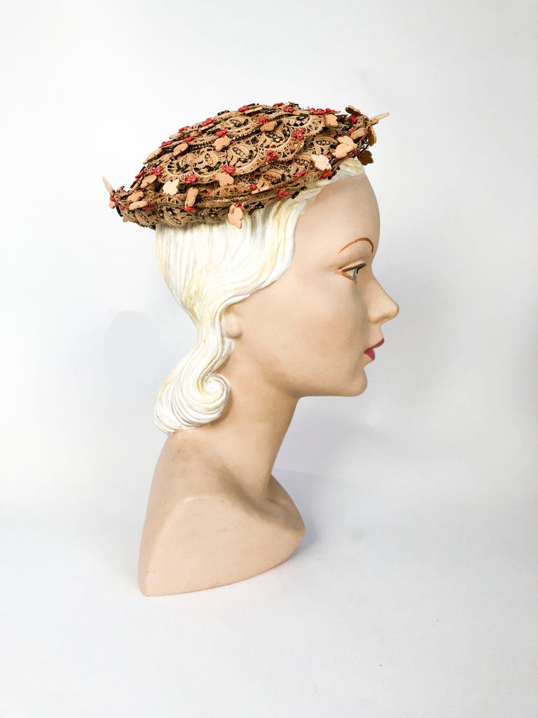 1950's Lilly Daché Khaki Beaded Lace Hat For Sale at 1stDibs