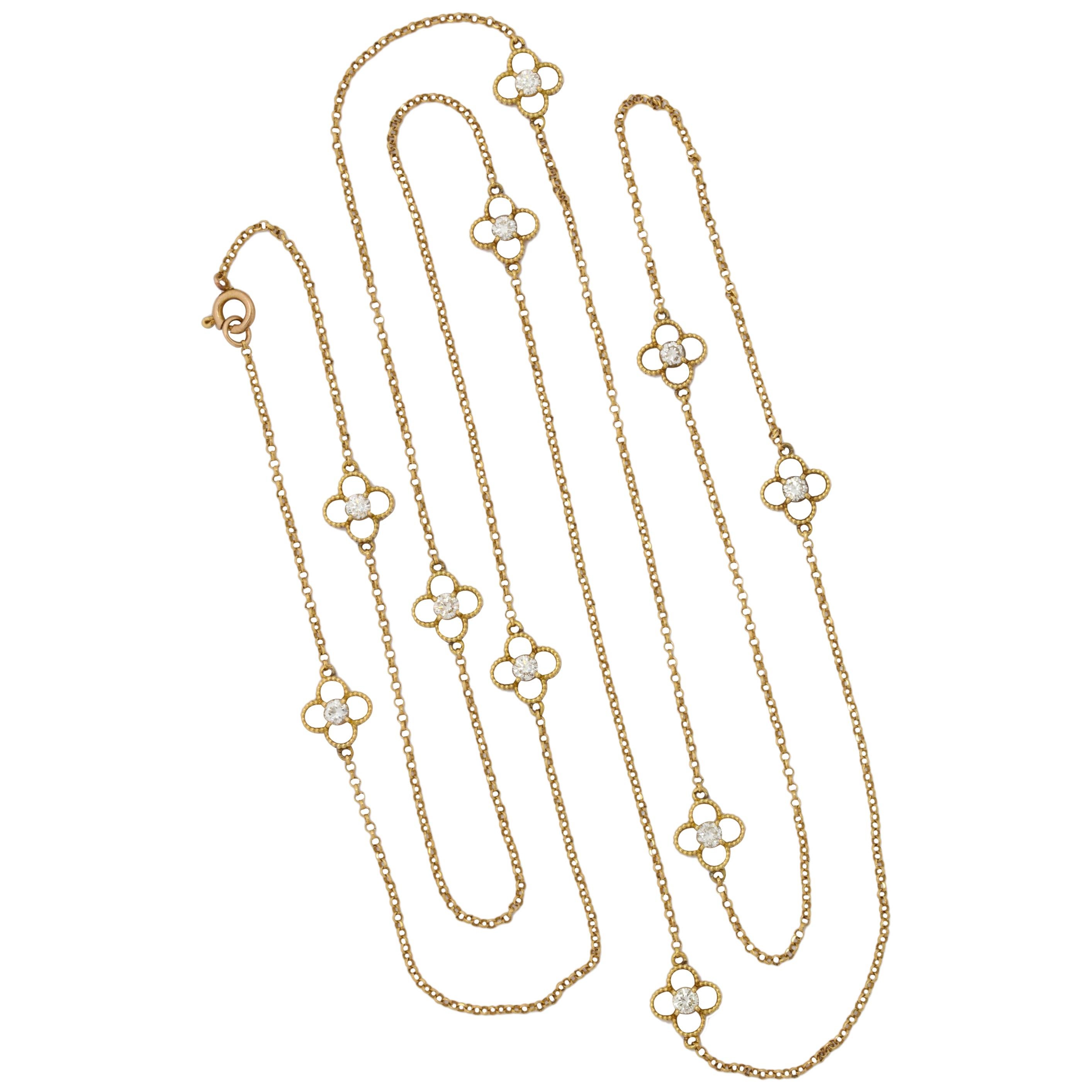 1950's Long Floral Open Motif Box Link Gold with Diamonds Chain ...