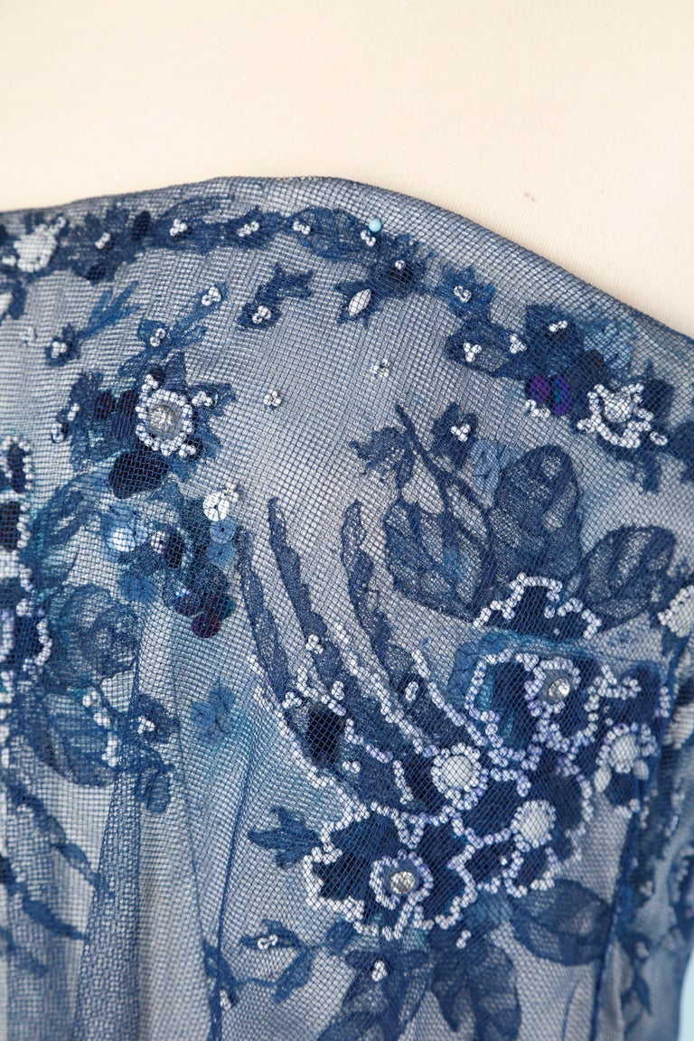1950's long navy blue embroidered evening ball gown in tulle For Sale ...