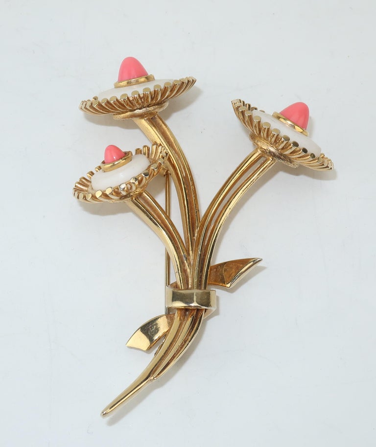 1950's Marcel Boucher Gold Tone Coral Flower Brooch at 1stDibs