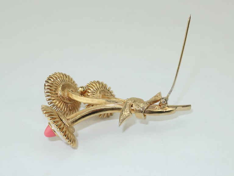 1950's Marcel Boucher Gold Tone Coral Flower Brooch at 1stDibs