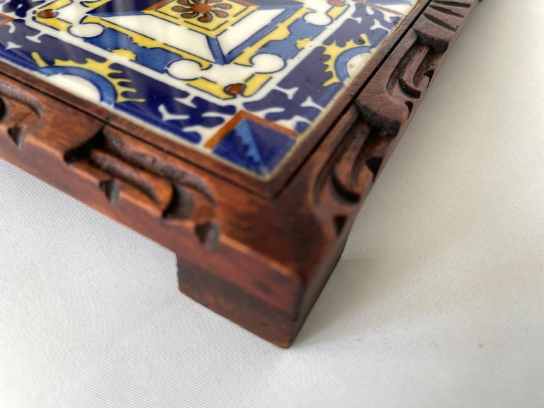 1950's Mexican Tile Trivet With Hand Carved Wood Frame Base For Sale at ...