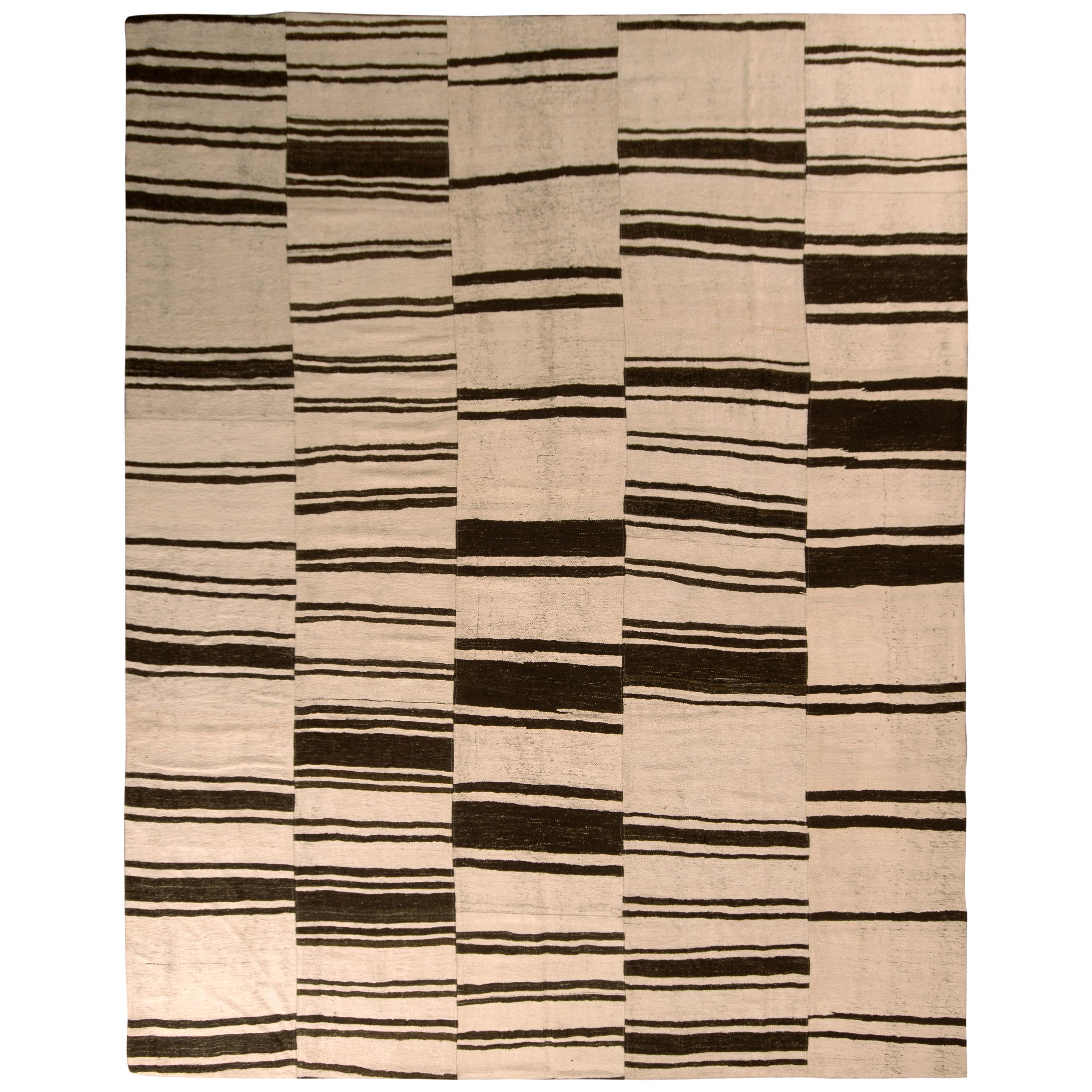 1950s Midcentury Kilim Beige Brown Striped Vintage Flat-Weave at ...