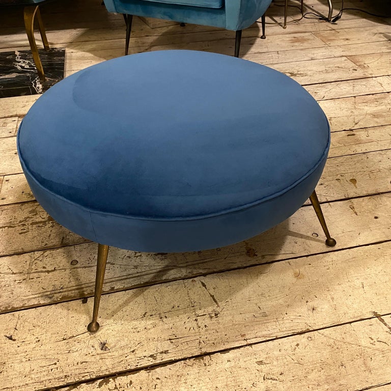 1950s Mid-Century Modern Blue Velvet and Brass Big Round Pouf at 1stDibs
