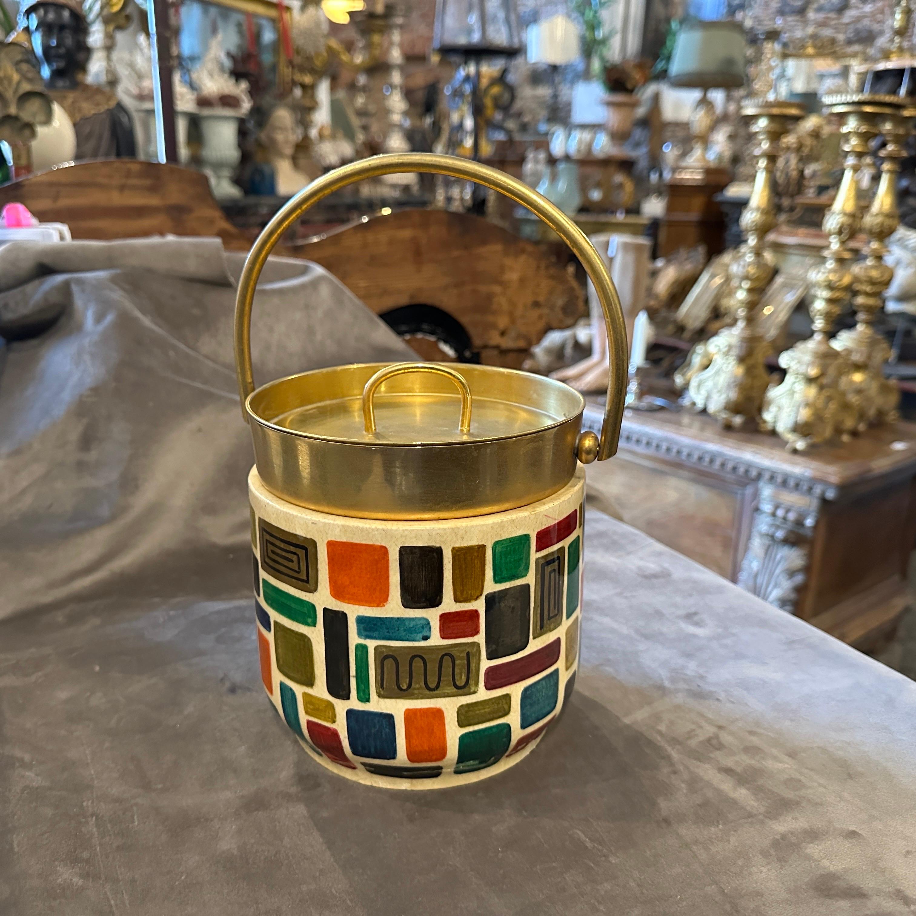 1950s Mid-Century Modern Hand-Painted Goatskin and Brass Ice Bucket by ...