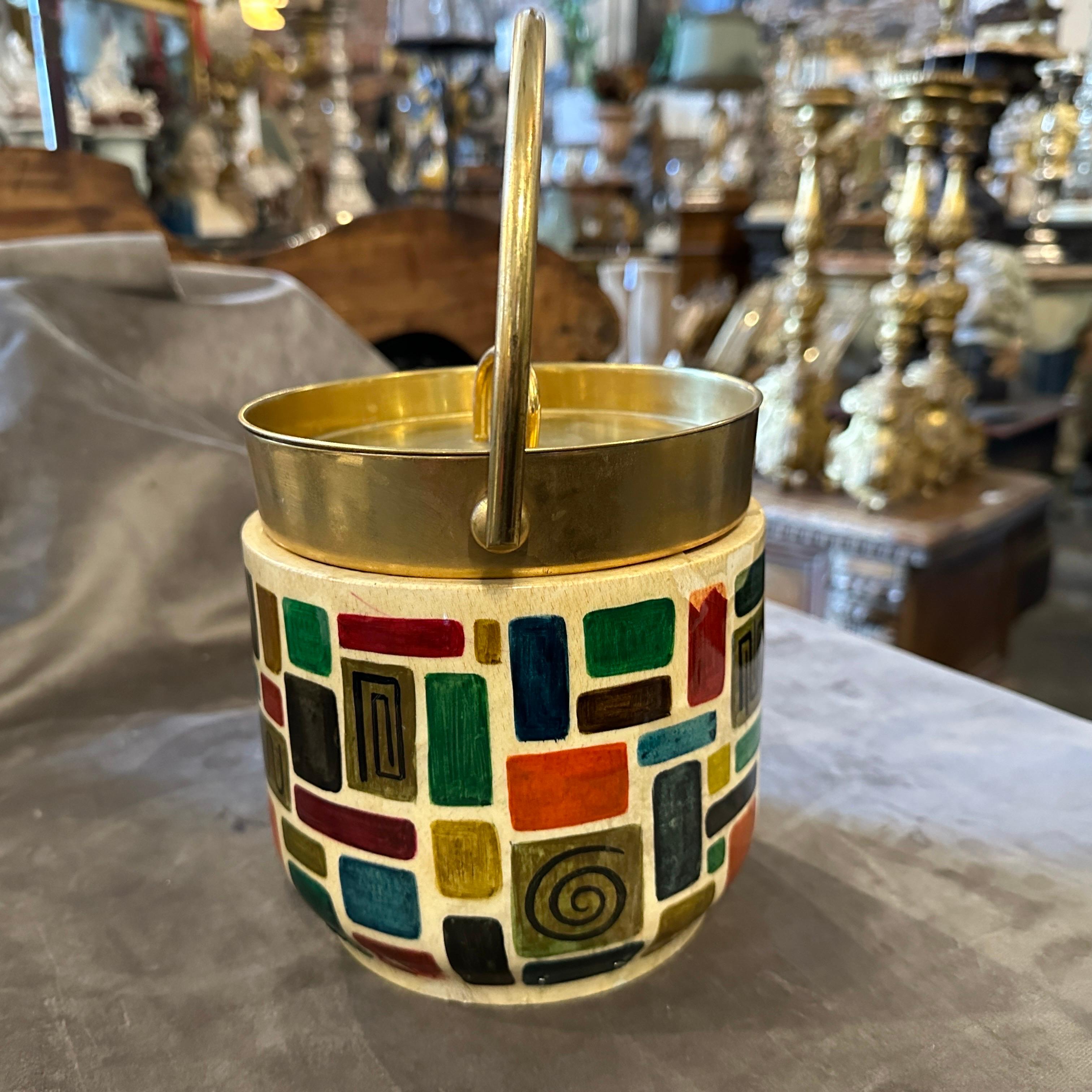 1950s Mid-Century Modern Hand-Painted Goatskin and Brass Ice Bucket by ...