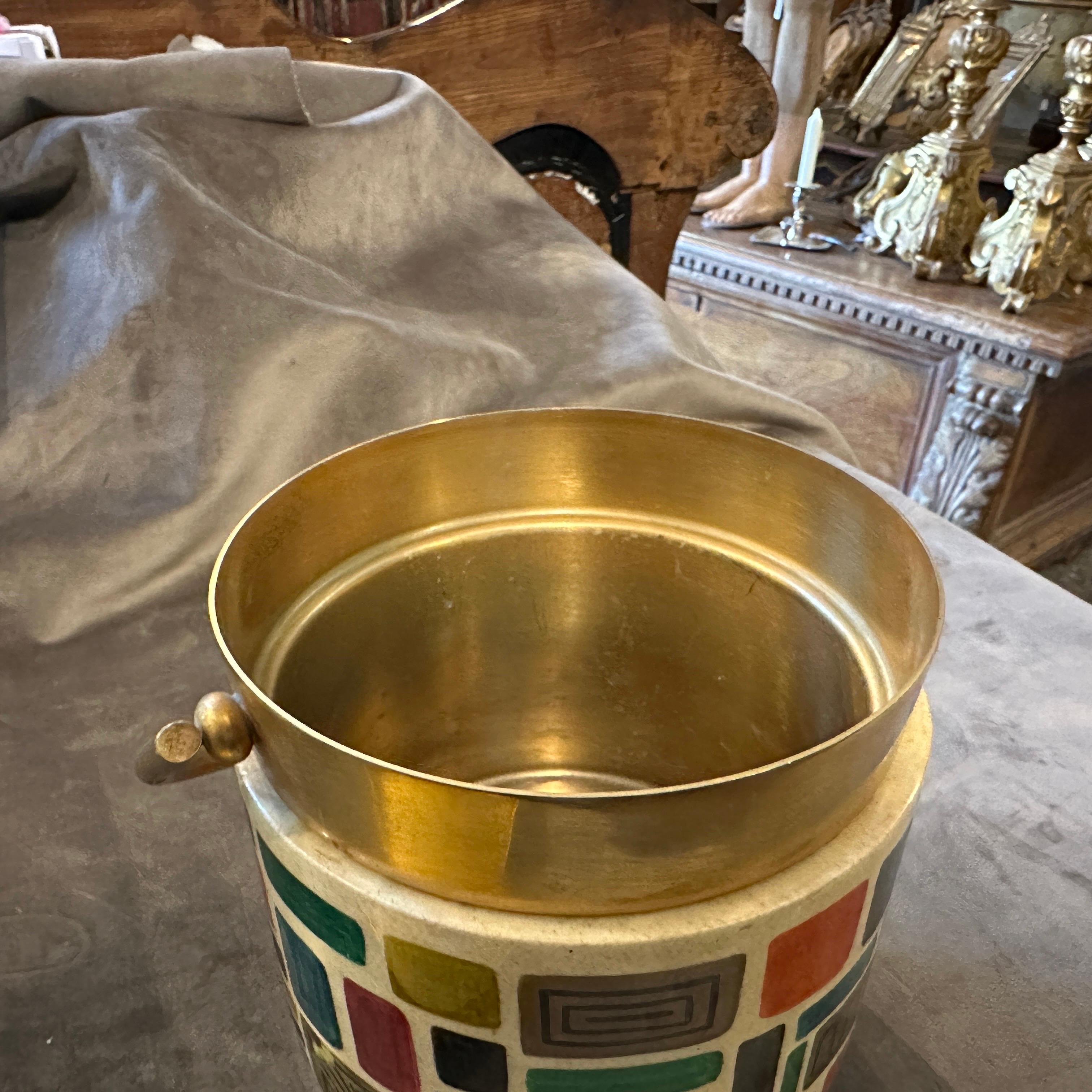 1950s Mid-Century Modern Hand-Painted Goatskin and Brass Ice Bucket by ...