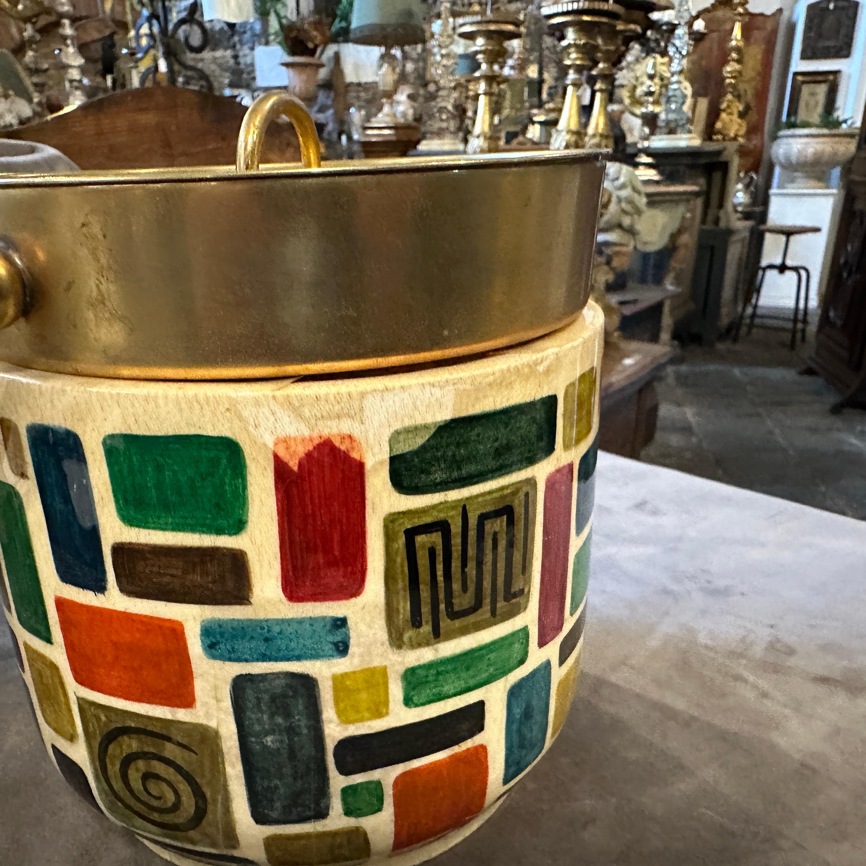1950s Mid-Century Modern Hand-Painted Goatskin and Brass Ice Bucket by ...