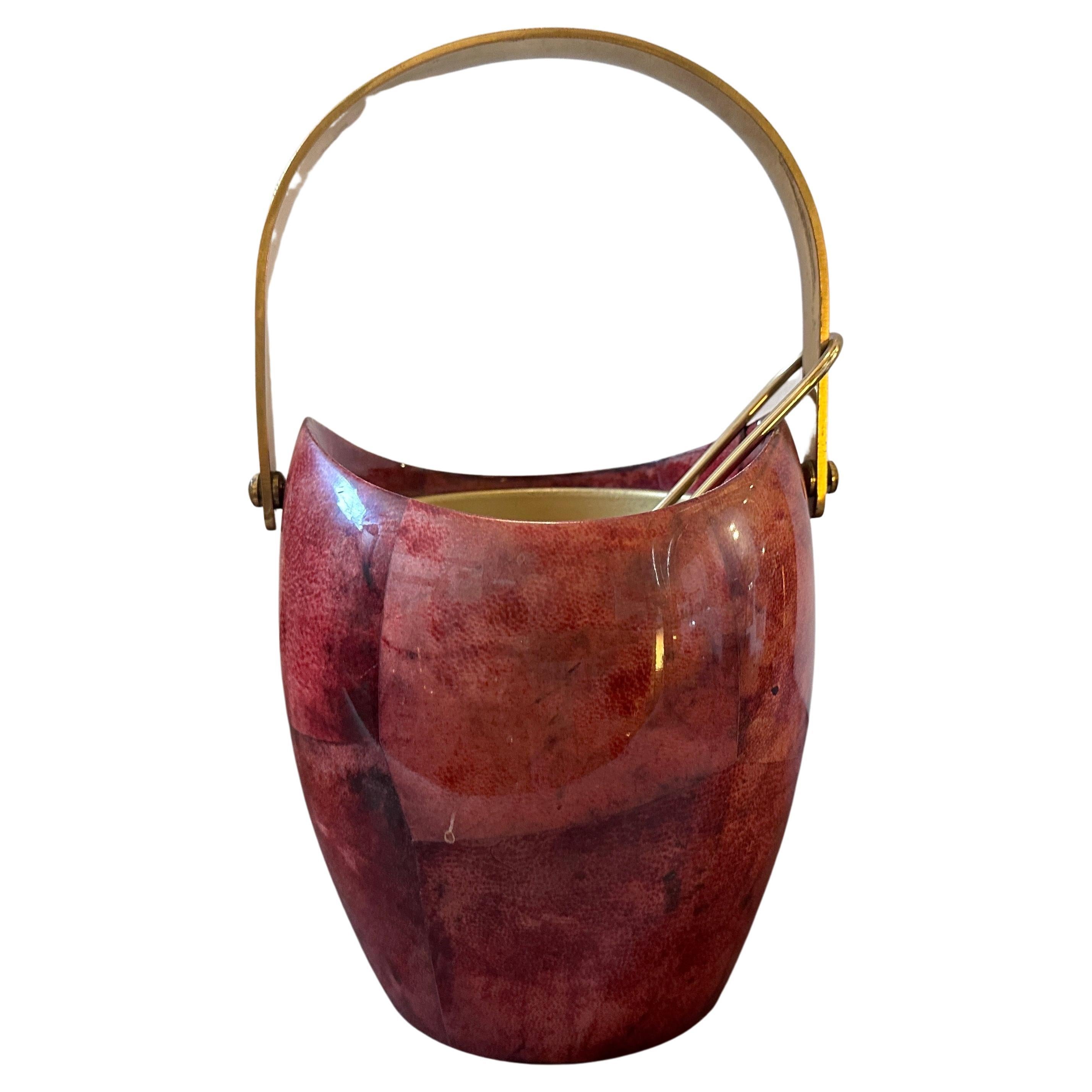 1950s Mid-Century Modern Red Goatskin and Brass Ice Bucket By Aldo Tura ...